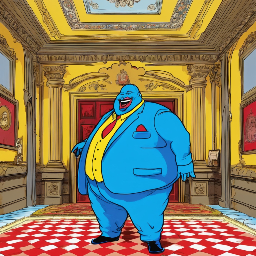 A fat, big blue man wearing a yellow hat and red col...