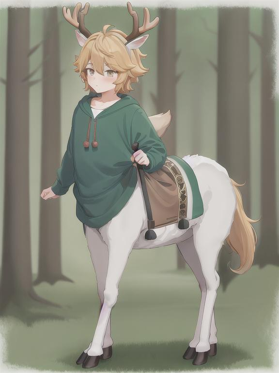 A cute centaur, deer hooves and antlers, forest back...