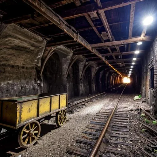 an old rail cart full of gold on small train rails i... | OpenArt