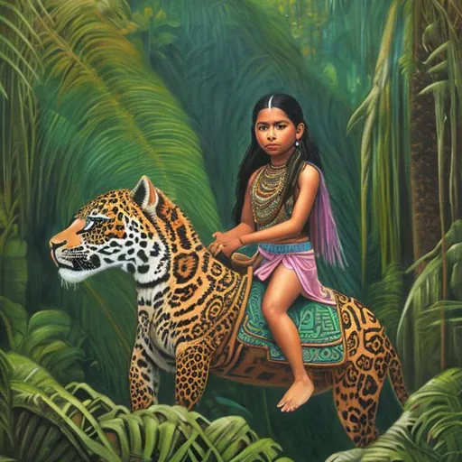 A genre painting of a young Mayan princess riding on...