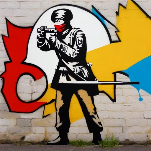 Wall graffiti art, banksy, Russian soldier holding w...