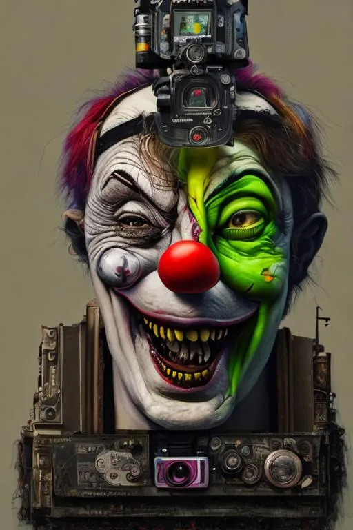 Ugly smiling clown holding big photographic camera.... | OpenArt