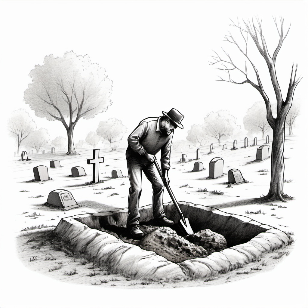 Sketch of a man digging a grave in a wide shot