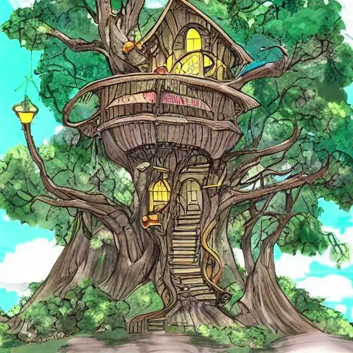 a fantasy treehouse drawn in the style of anime | OpenArt