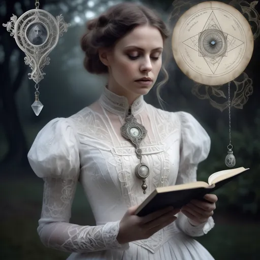 "Photorealistic Victorian woman in white dress with...