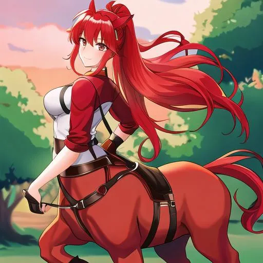 Haley with bright red hair pulled back, as a centaur