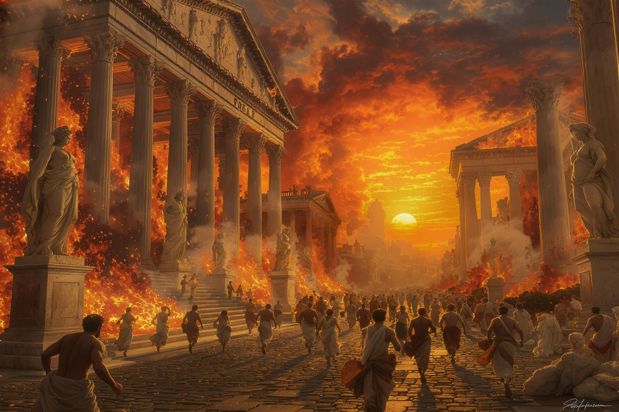 An ancient Roman city on fire. 1st century AD. Paint...