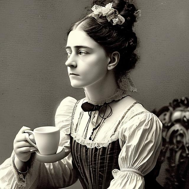 a beautiful victorian woman who is drinking coffee....