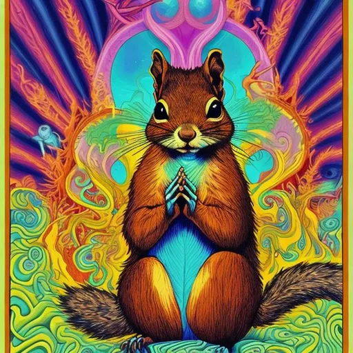 Psychedelic poster depicting a squirrel shaman medit...