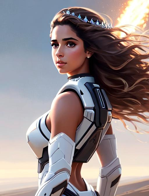 Naomi Scott wearing crown, shield guard, sleeveless,... | OpenArt