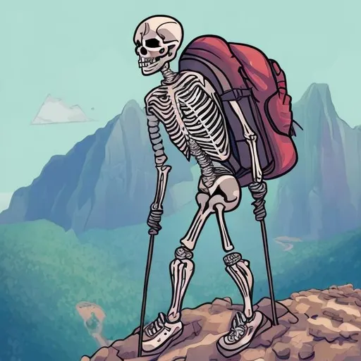 Gen Z skeleton hiking a mountain, cartoon, color