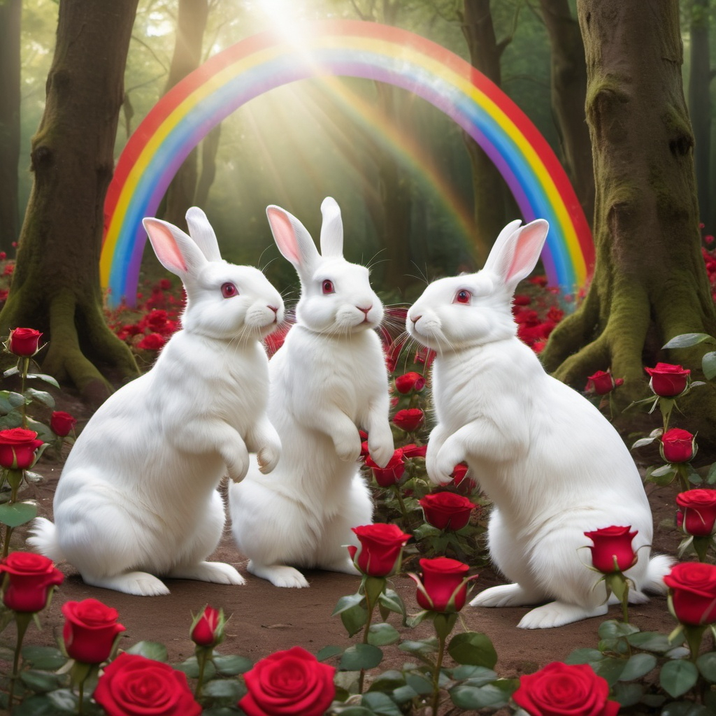 3 white rabbits playing in a magical forest with red...