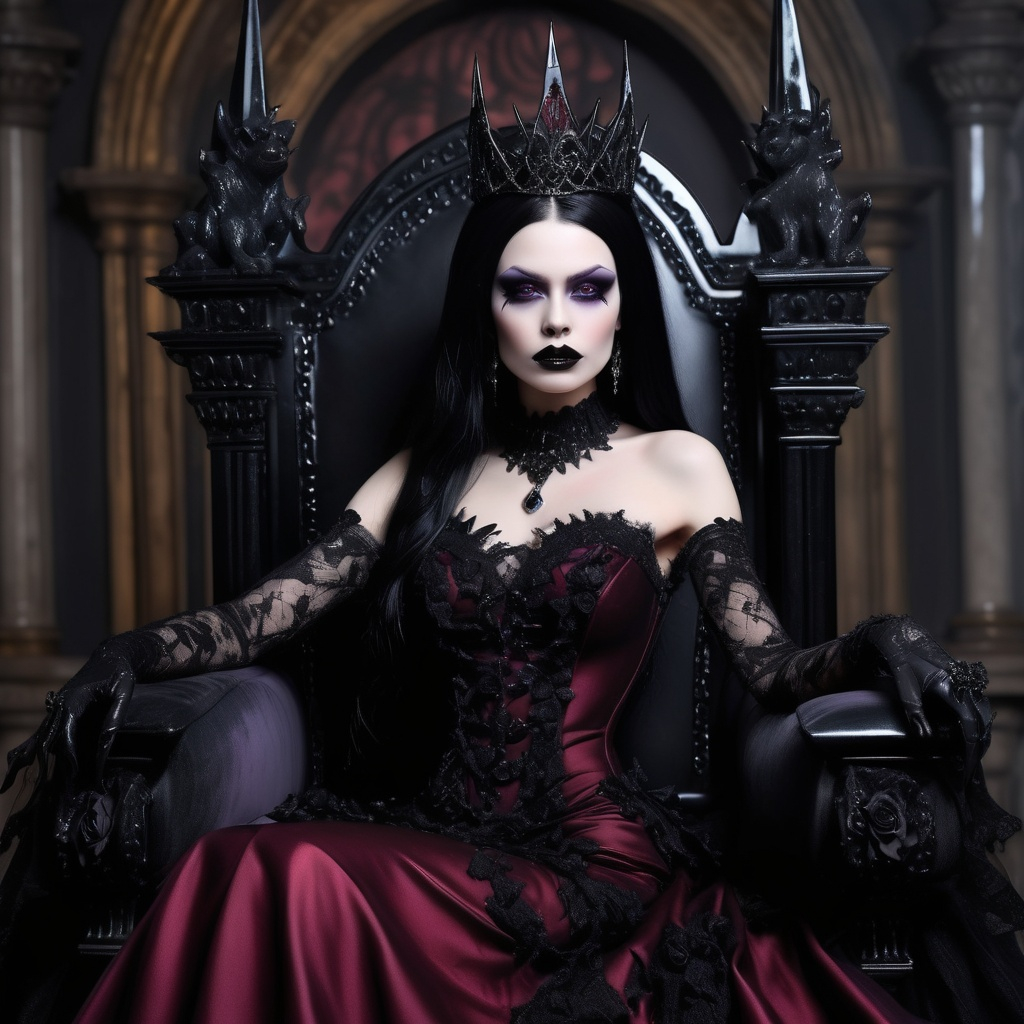 A stunningly powerful gothic dark queen sitting eleg...