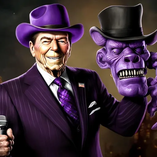 Ronald Reagan in Saints Row, guns, cartoony, purple... | OpenArt