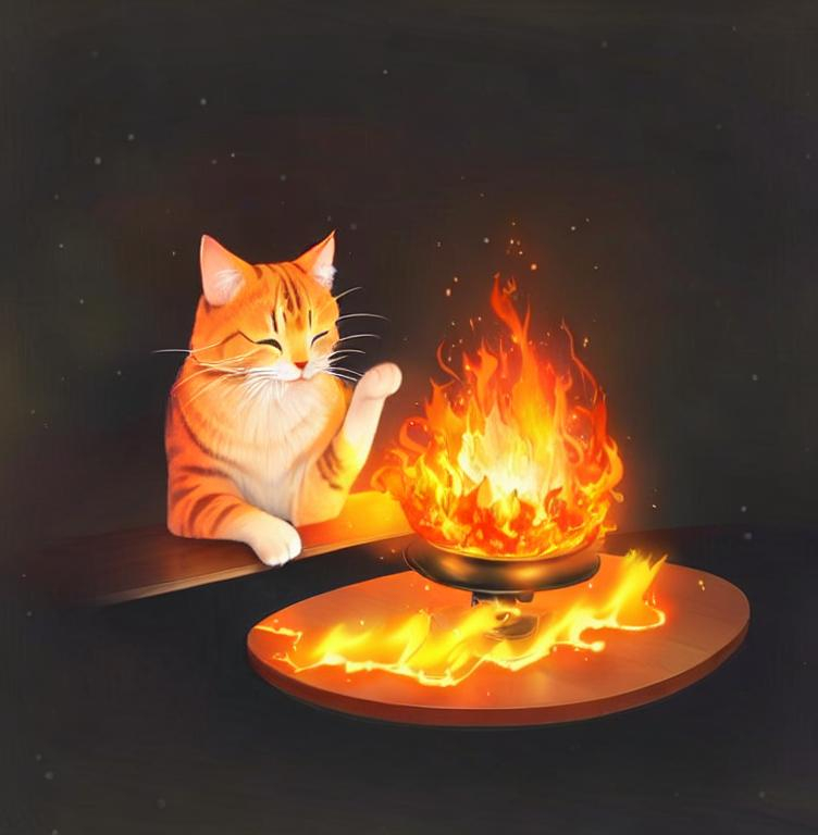 A cat made of wood sitting on a table breathing fire | OpenArt