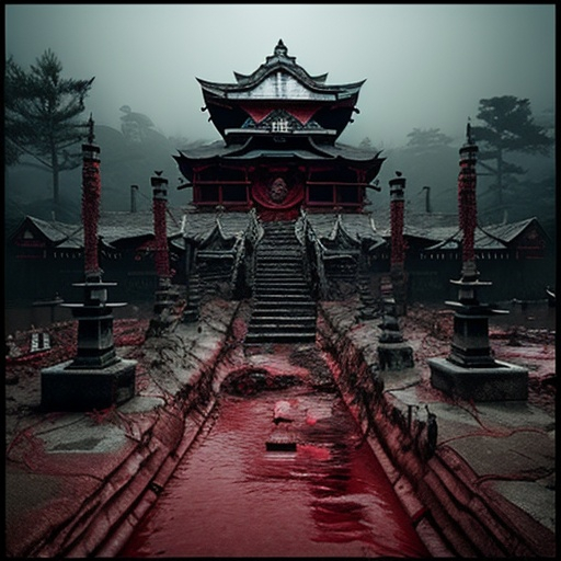 Malevolent Shrine with a river of blood leading up t... | OpenArt