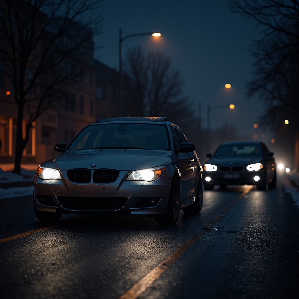 a bmw e60 and a bmw e39 in the back with angel eyes...