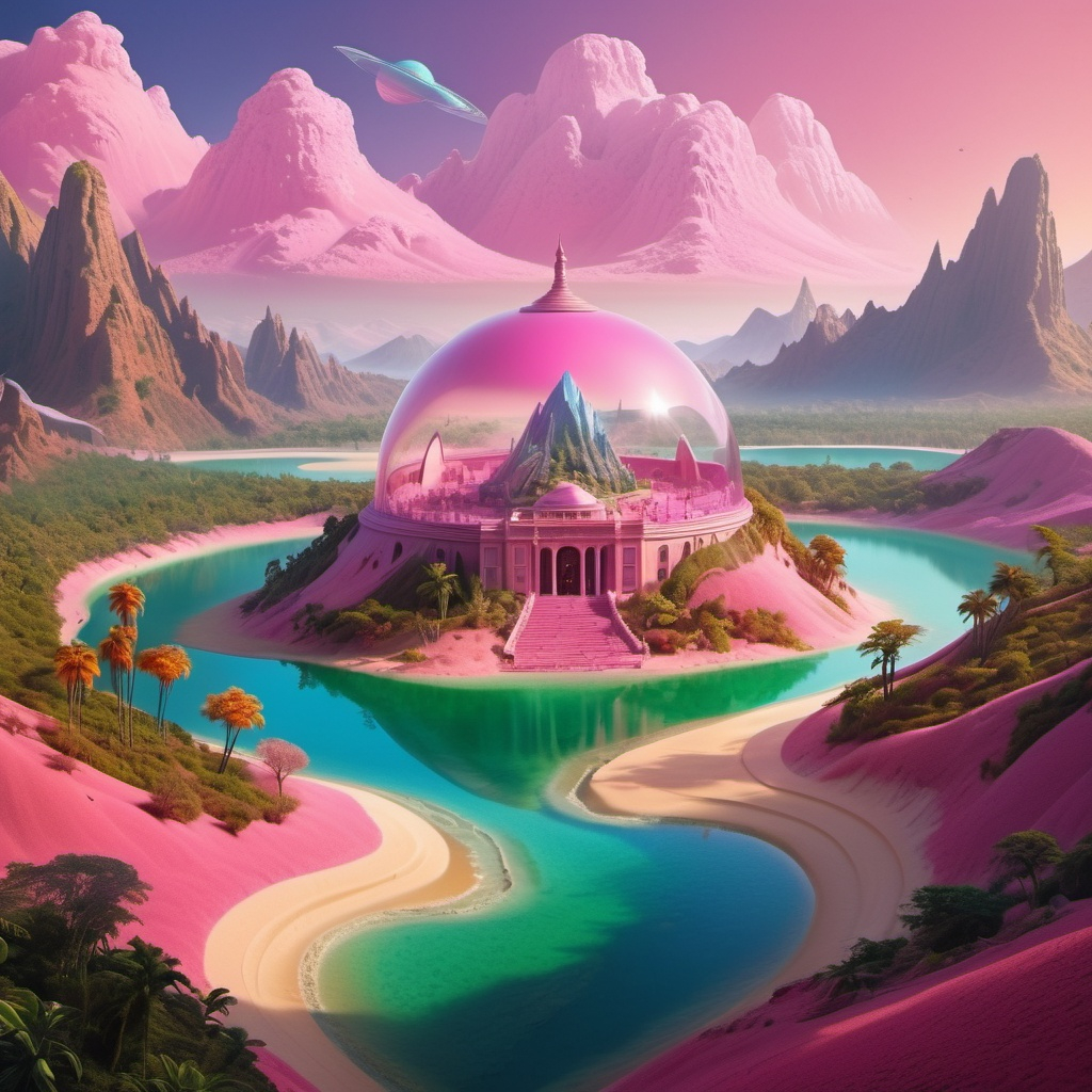 A surreal and vividly imaginative landscape unfolds,...