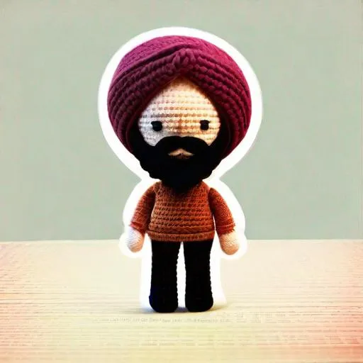 crochet doll of man wearing turban wrapped on head,...