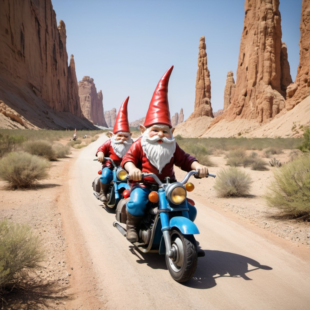 Garden gnomes riding motorbikes in a desert road