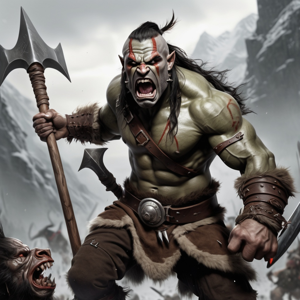 half orc half human grey skinned barbarian entering...