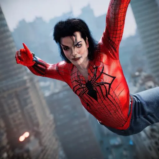 Michael Jackson in spider Mans suit swing across the...