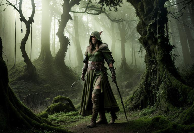 elven hunter wanderer, worn clothes, cloak, leather,... | OpenArt