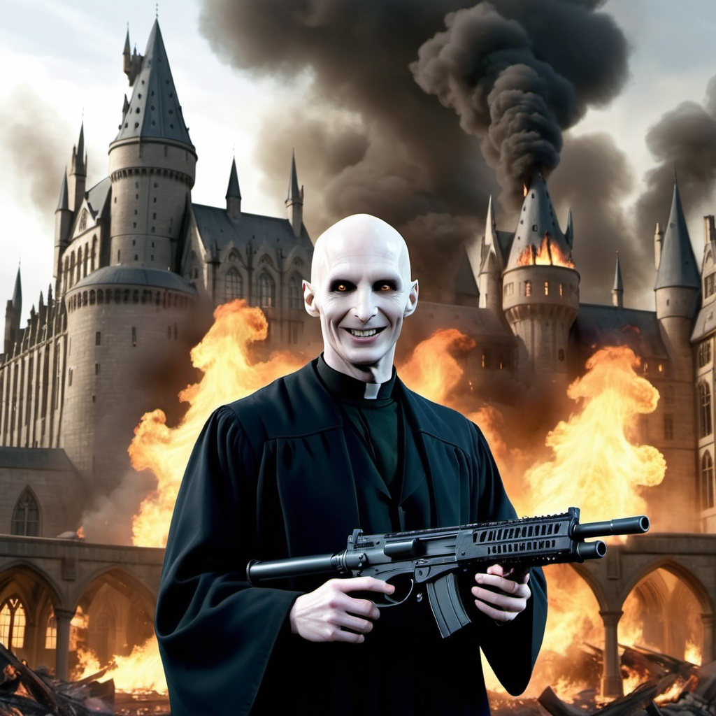 smiling Voldemort with machine gun, also other ghost...