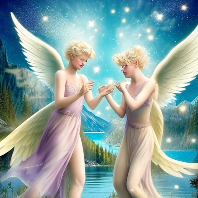 two blonde mythical angels are throwing pixie dust a...