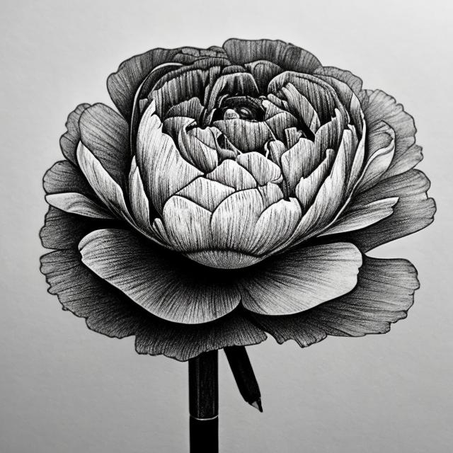 A pencil sketch of a ranunculus flower in black ink...