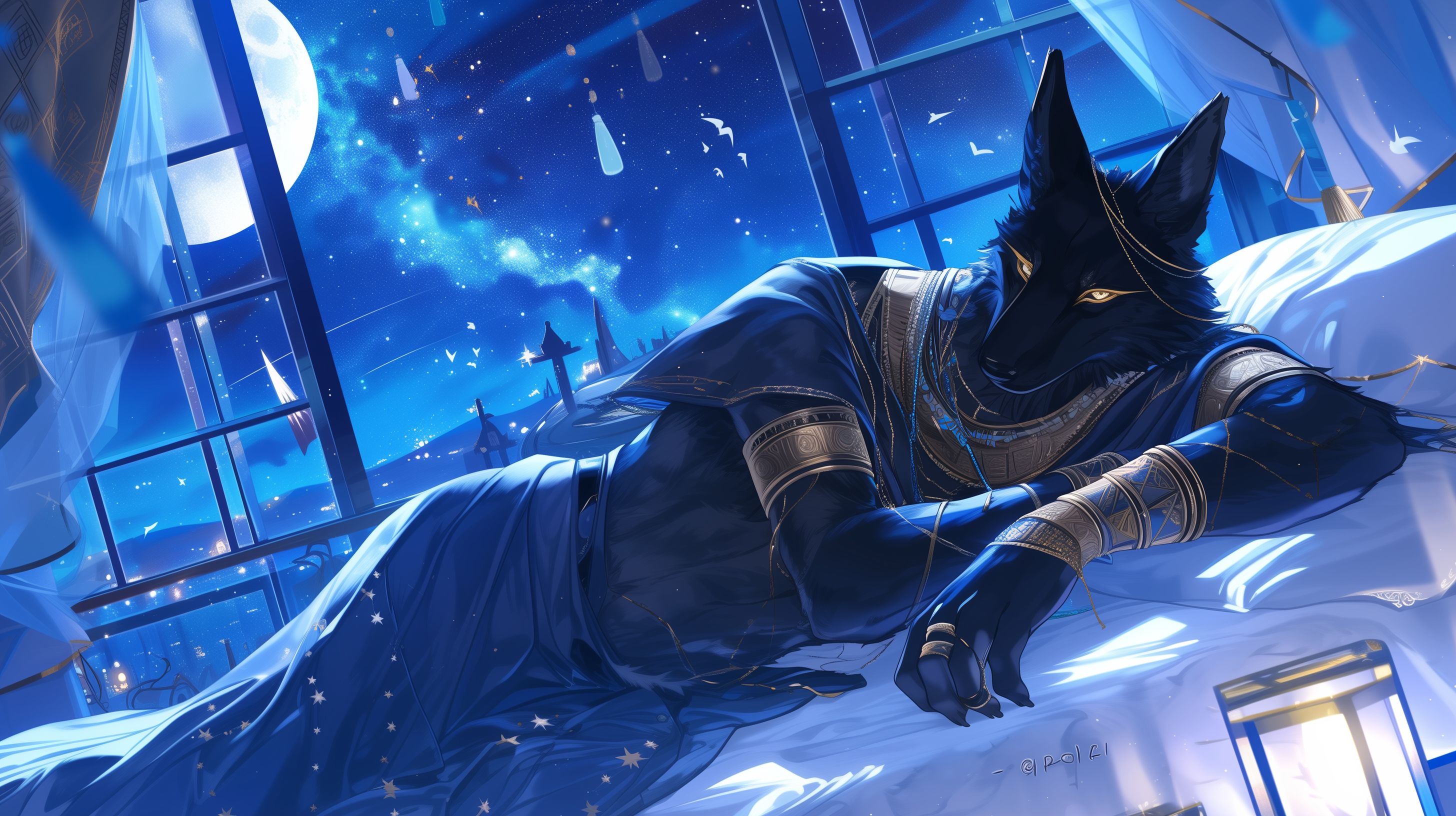 an anthropomorphic black anubis (jackal) with golden...