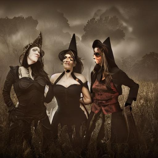 3 unholy witchs, on a battle field, speaking in ridd...