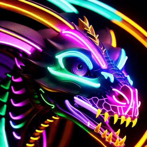portrait of a roaring neon skeleton dragon with irid...