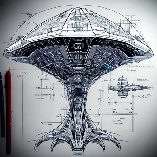 draw an alien spaceship schematics look like, with a...