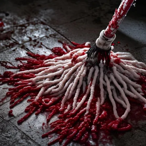 Bloody mop, mopping up spilled blood, whole mop, red...