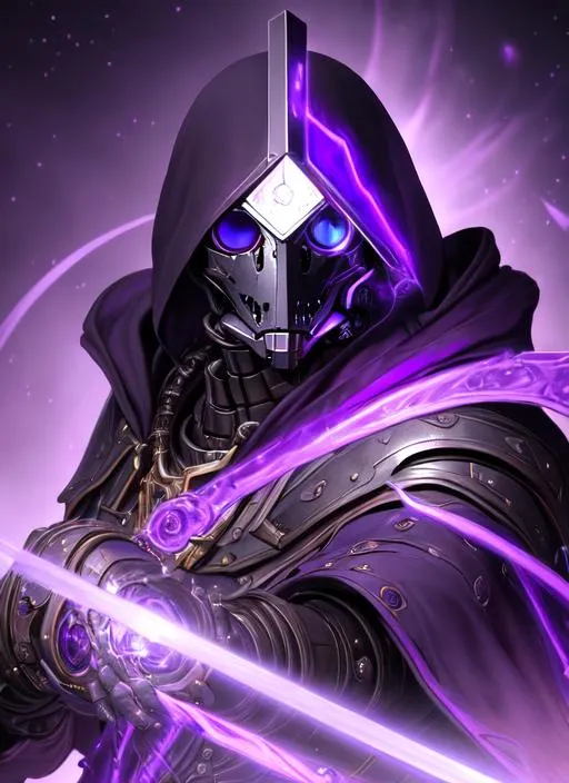 portrait of warforged warlock with short, purple e...
