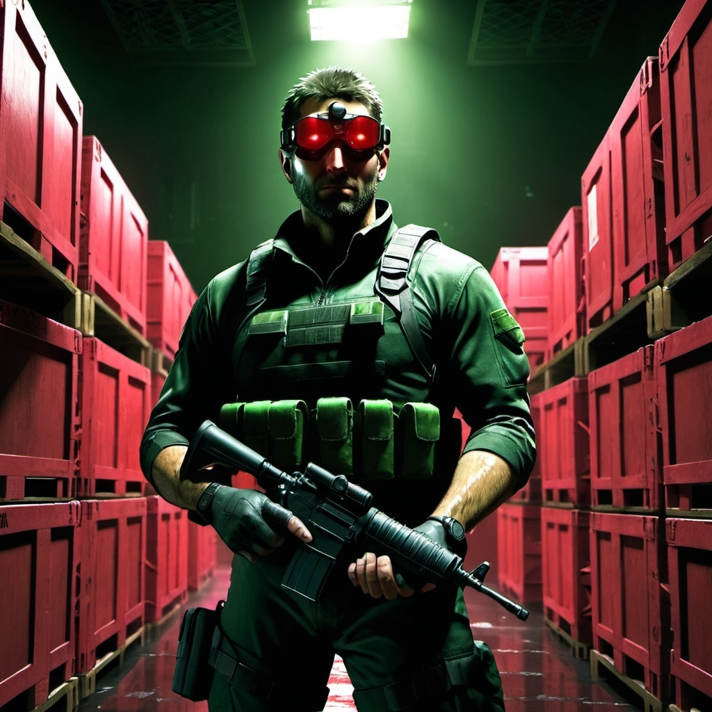 sam fisher with red night vision goggles surrounded...