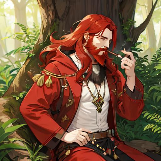 Great red hair and beard Male Druid smoking a pipe i...