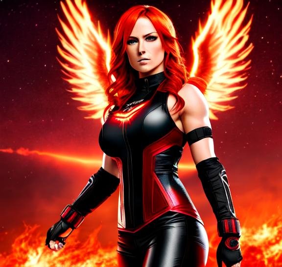 Becky Lynch with evil angel wings, dark red sky, fir...