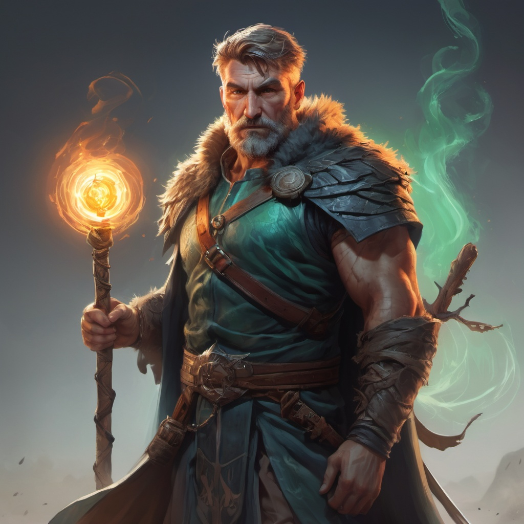 Male stocky mature muscular druid with short-cut hai...