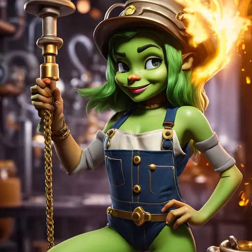 A Green-Skinned Goblin Girl engineer in overalls, we...