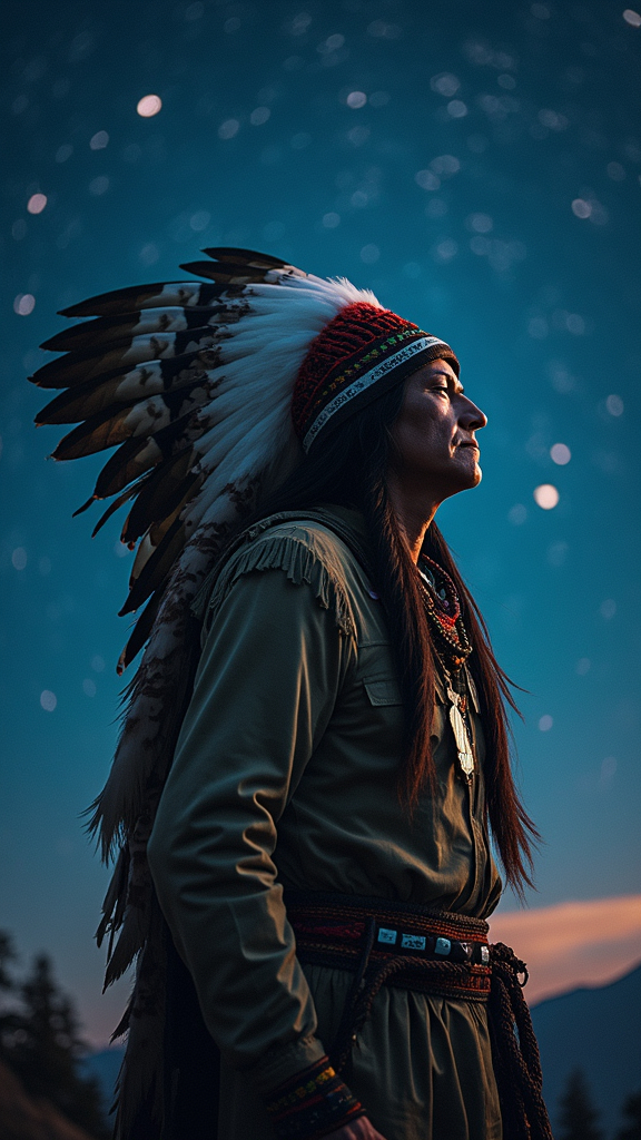 Native American chief looking at the stars at night...
