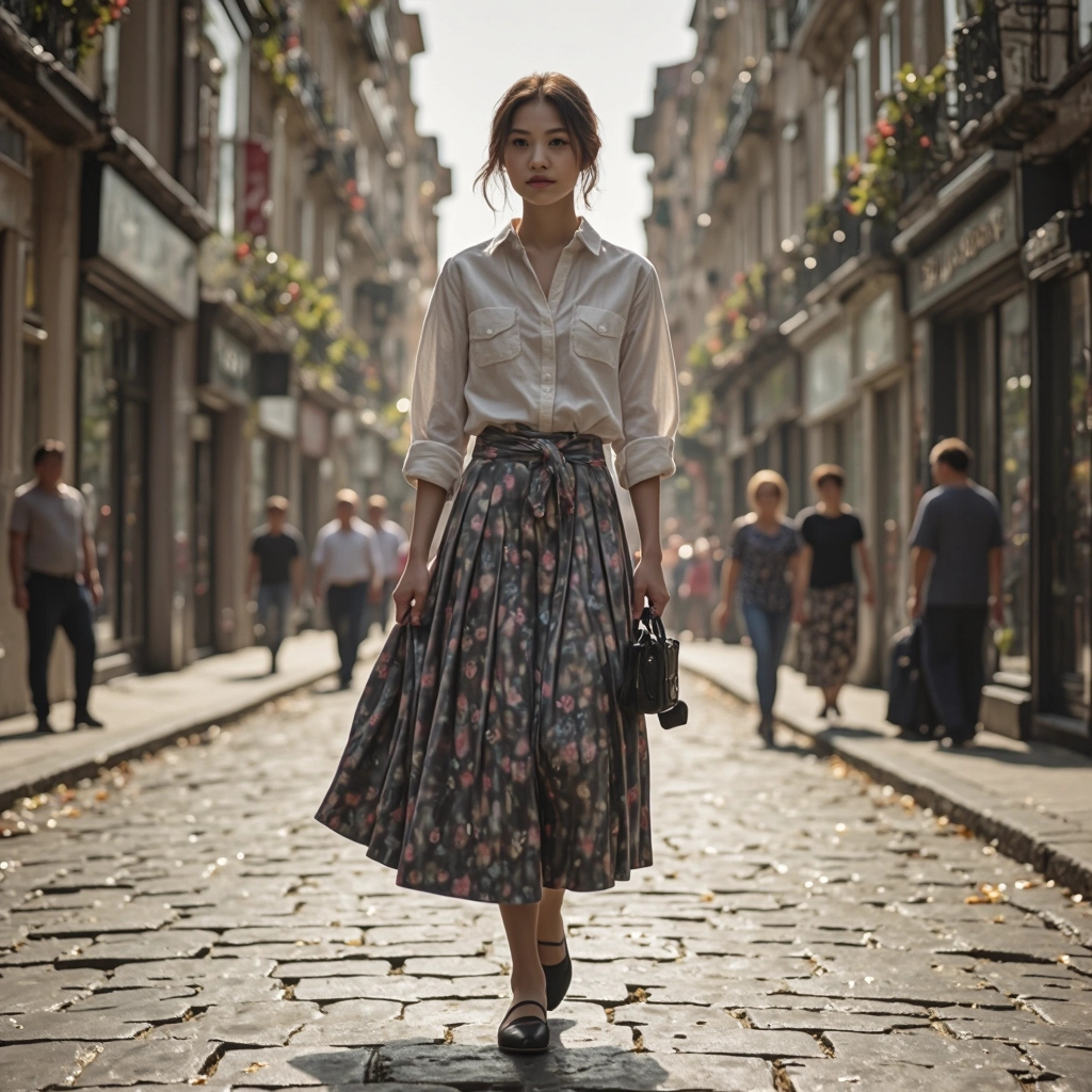 Tall young woman walking down the high street, detai...