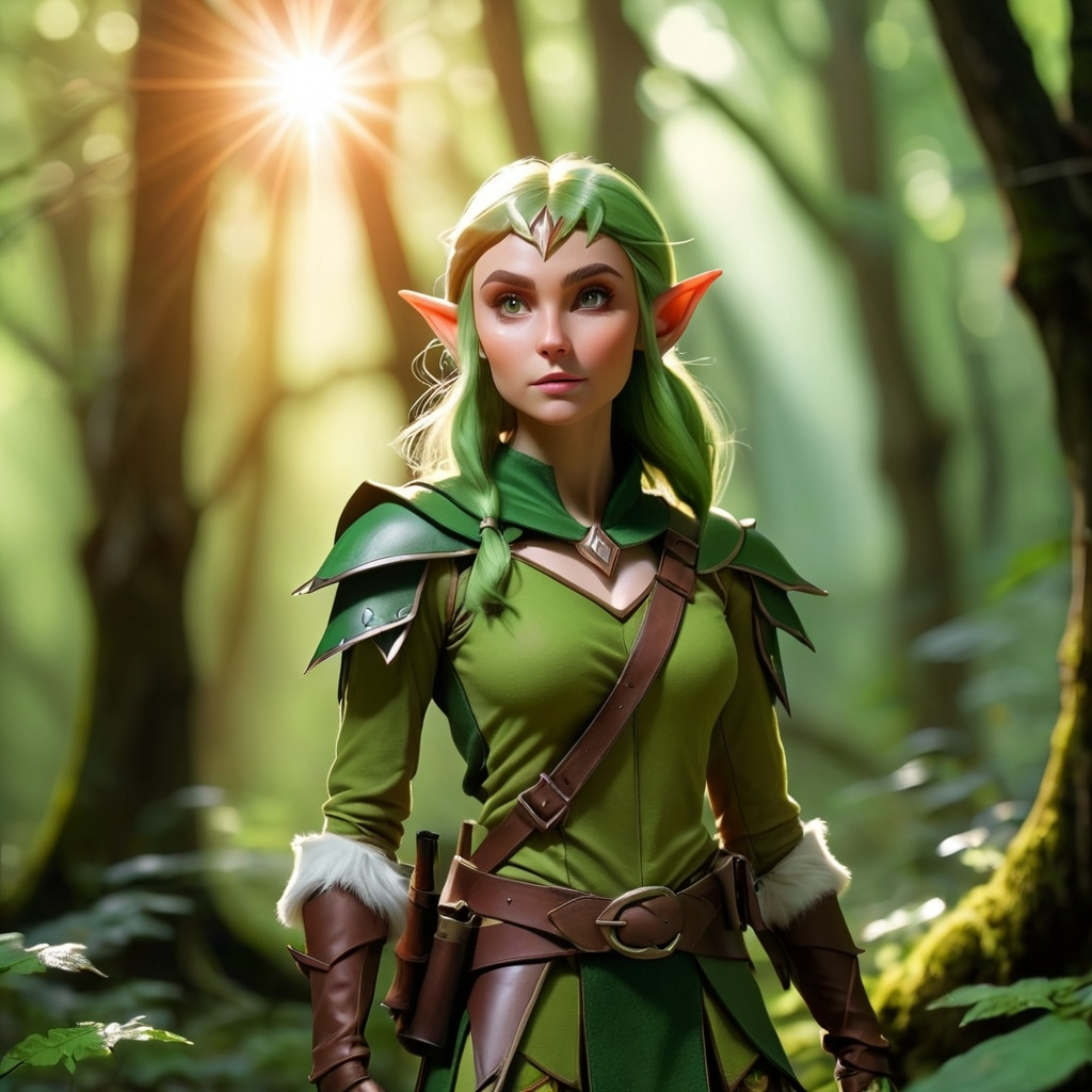 Elf ranger in a mystical forest around sunlight
