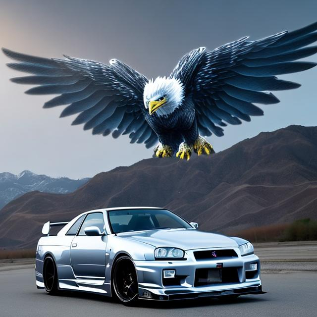 nissan skyline gtr r34 with eagle wings flying in sky