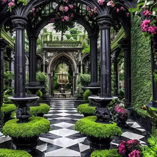 beautiful gothic garden with marble pillars, urns, i...