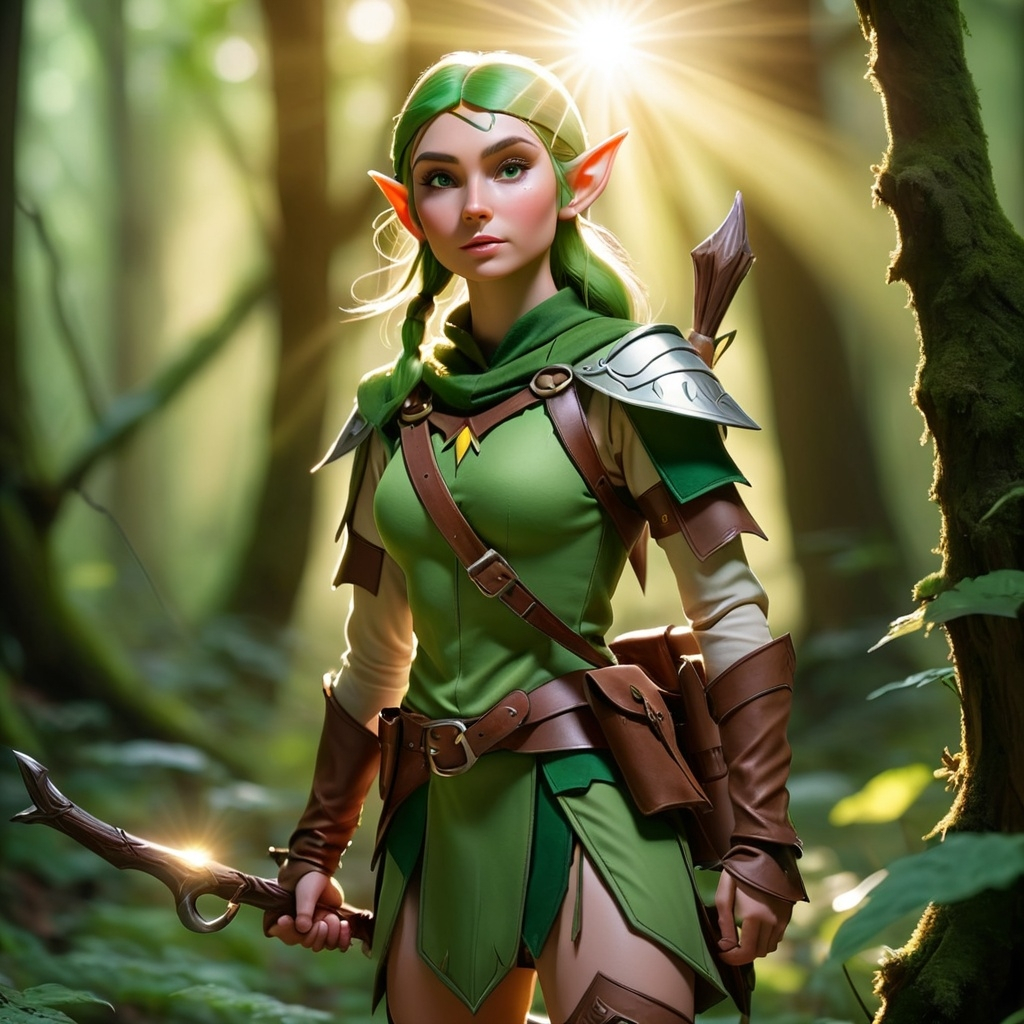 Elf ranger in a mystical forest around sunlight