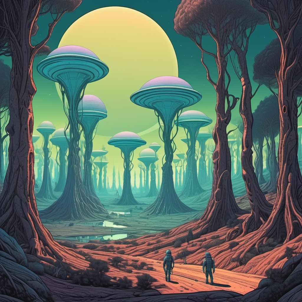 Alien planet forest in the style of moebius