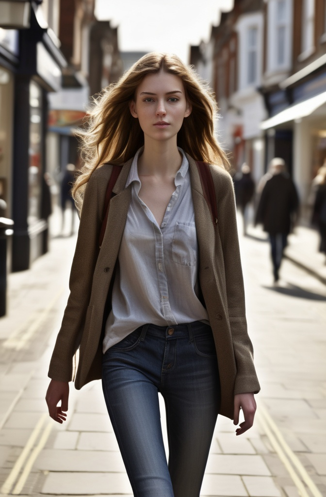 Tall young woman walking down the high street, detai...