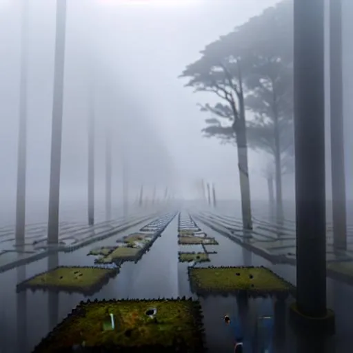 Rainfall, vast foggy mossy plains, mechanical machin... | OpenArt